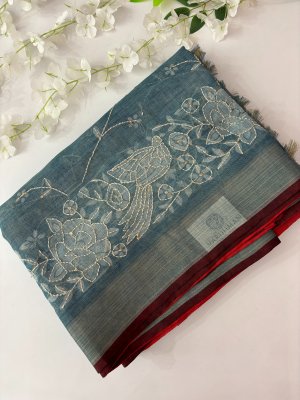 Blue Elegant Mustard and Cream Linen Tissue Sarees with Kantha Work ...