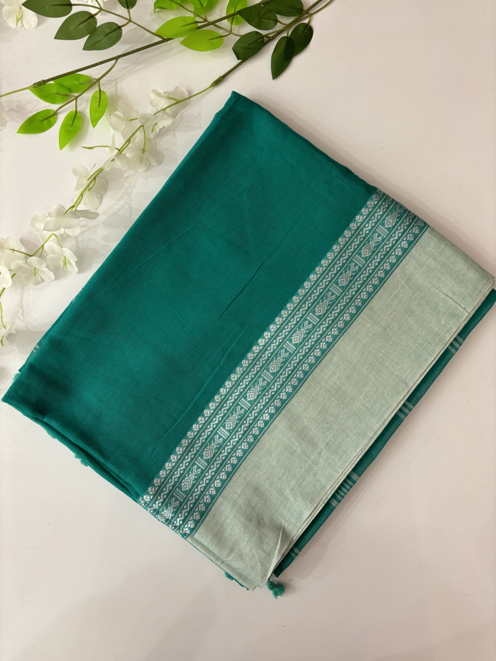 Authentic Teal with White Border Phulia Cotton Sarees - Handwoven ...