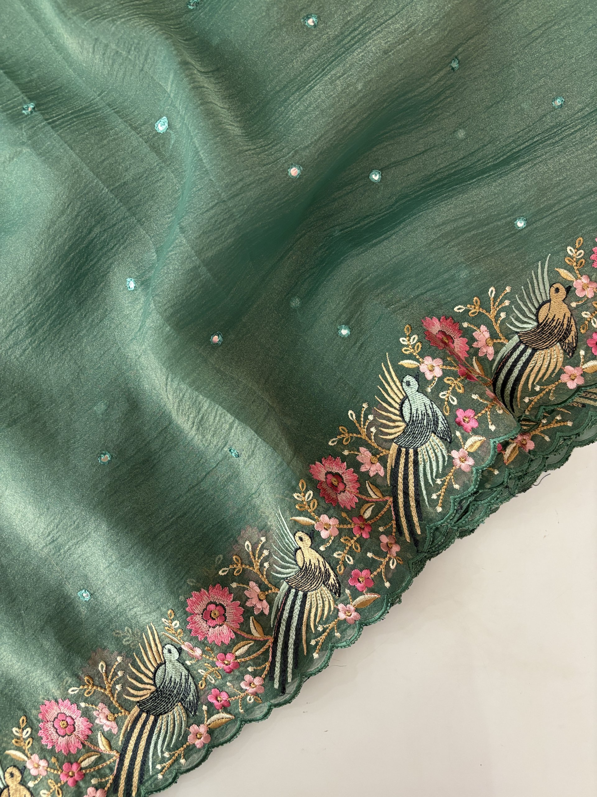 Turquoise Green Crush Tissue Organza Sarees with Embroidery – Elegant ...