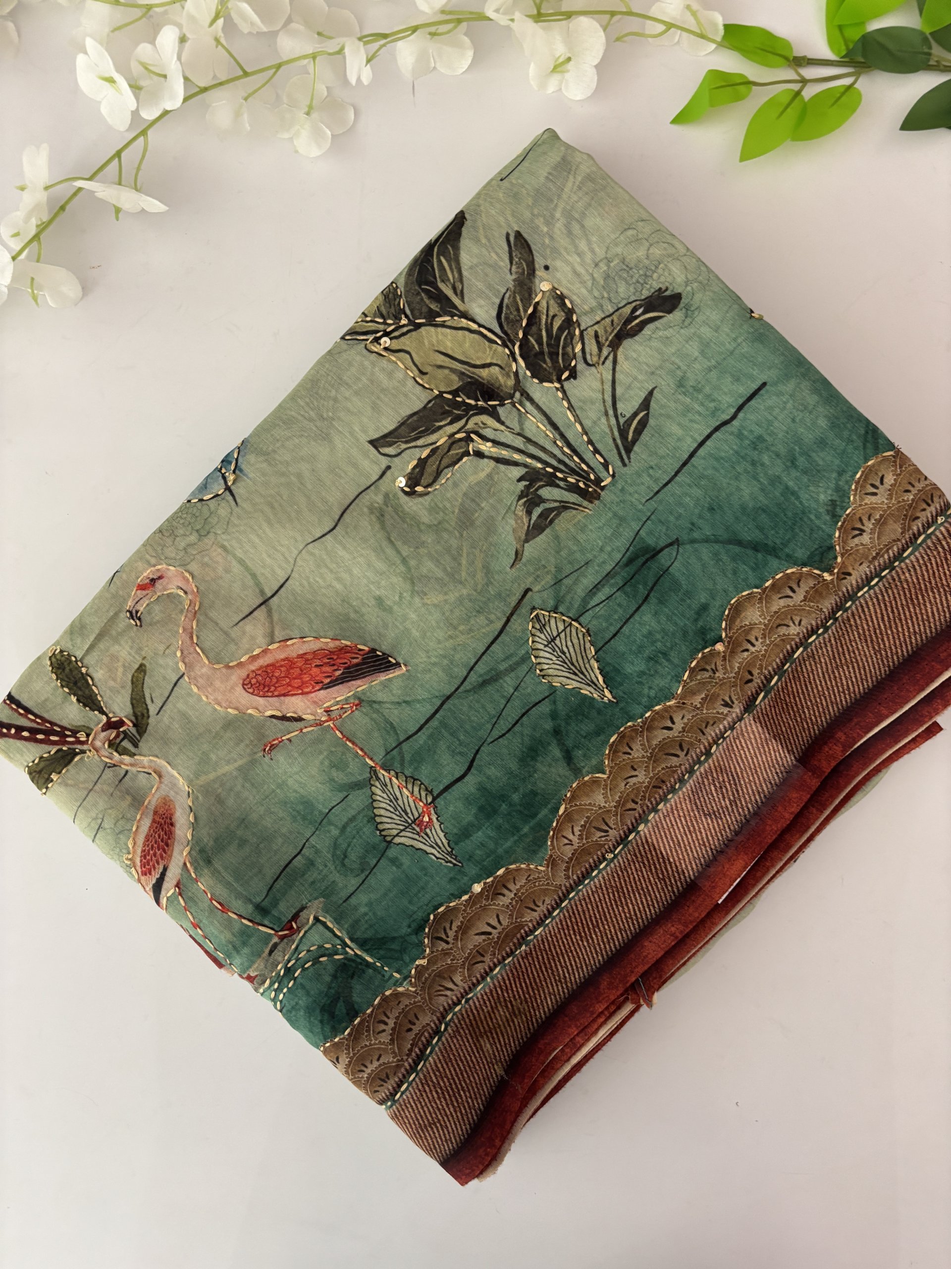 Handcrafted Light Green Kantha Work Sarees – Exquisite Embroidery ...