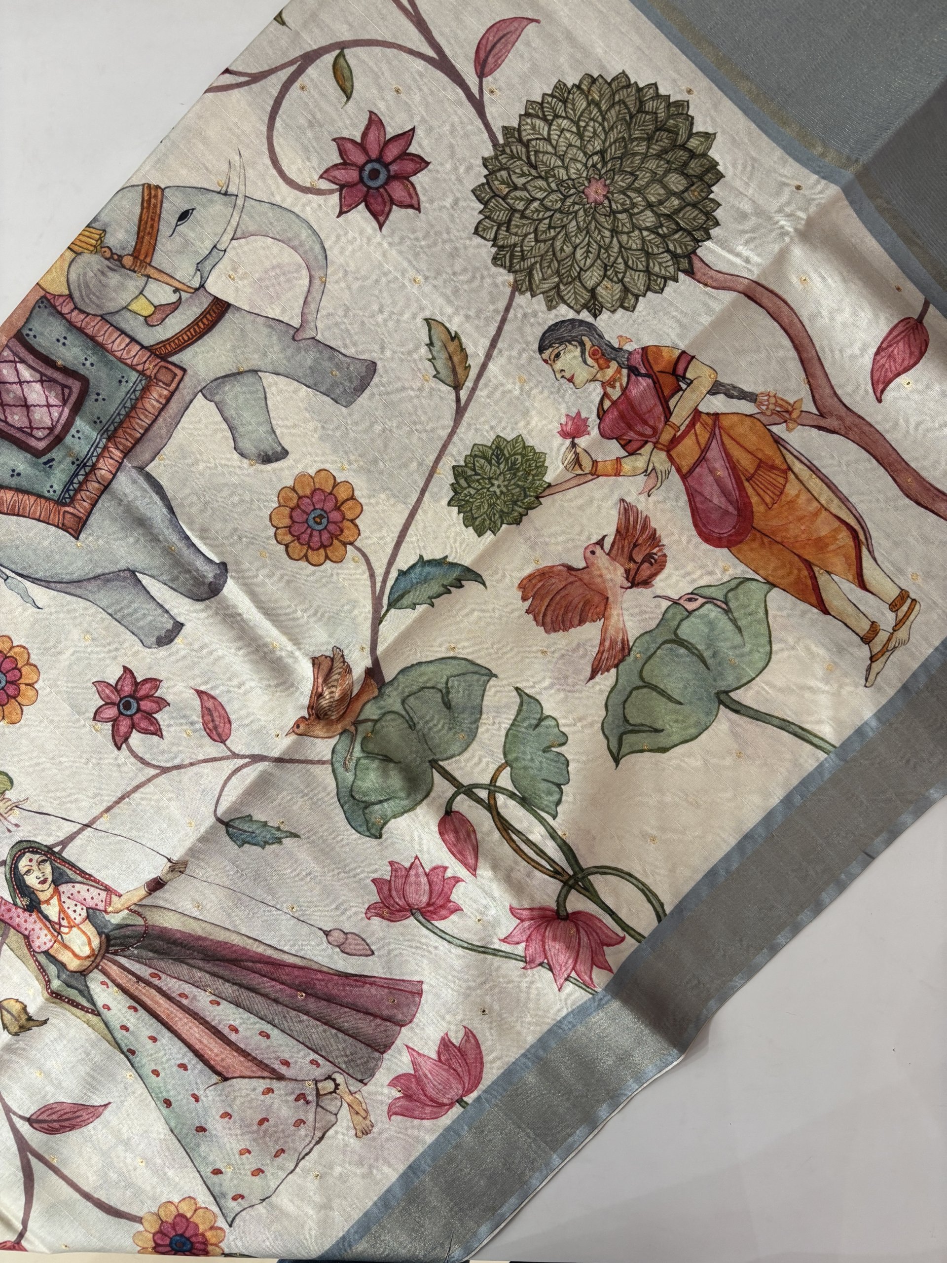 Dusty Blue Figure Print Tussar Silk Sarees – Elegant & Artistic Designs ...