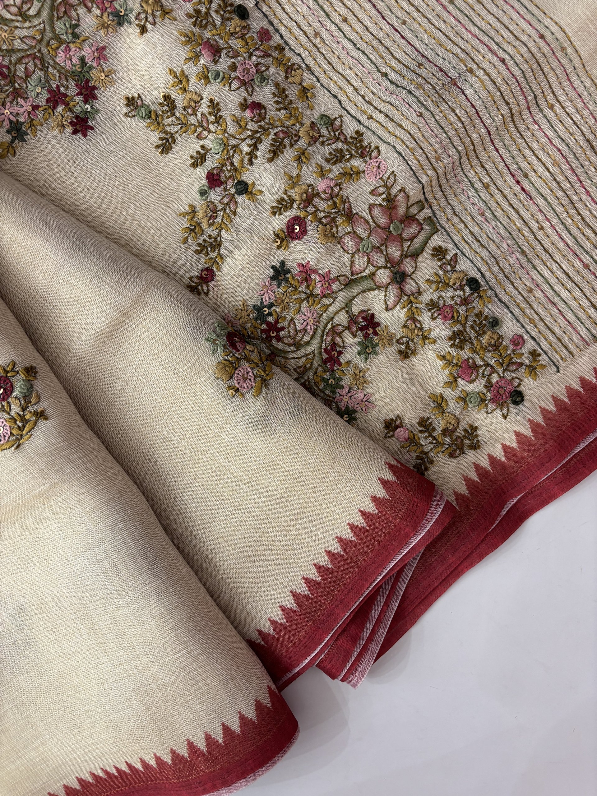 Red Elegant Linen Tissue Sarees with Knot Work – Lightweight & Ethereal ...