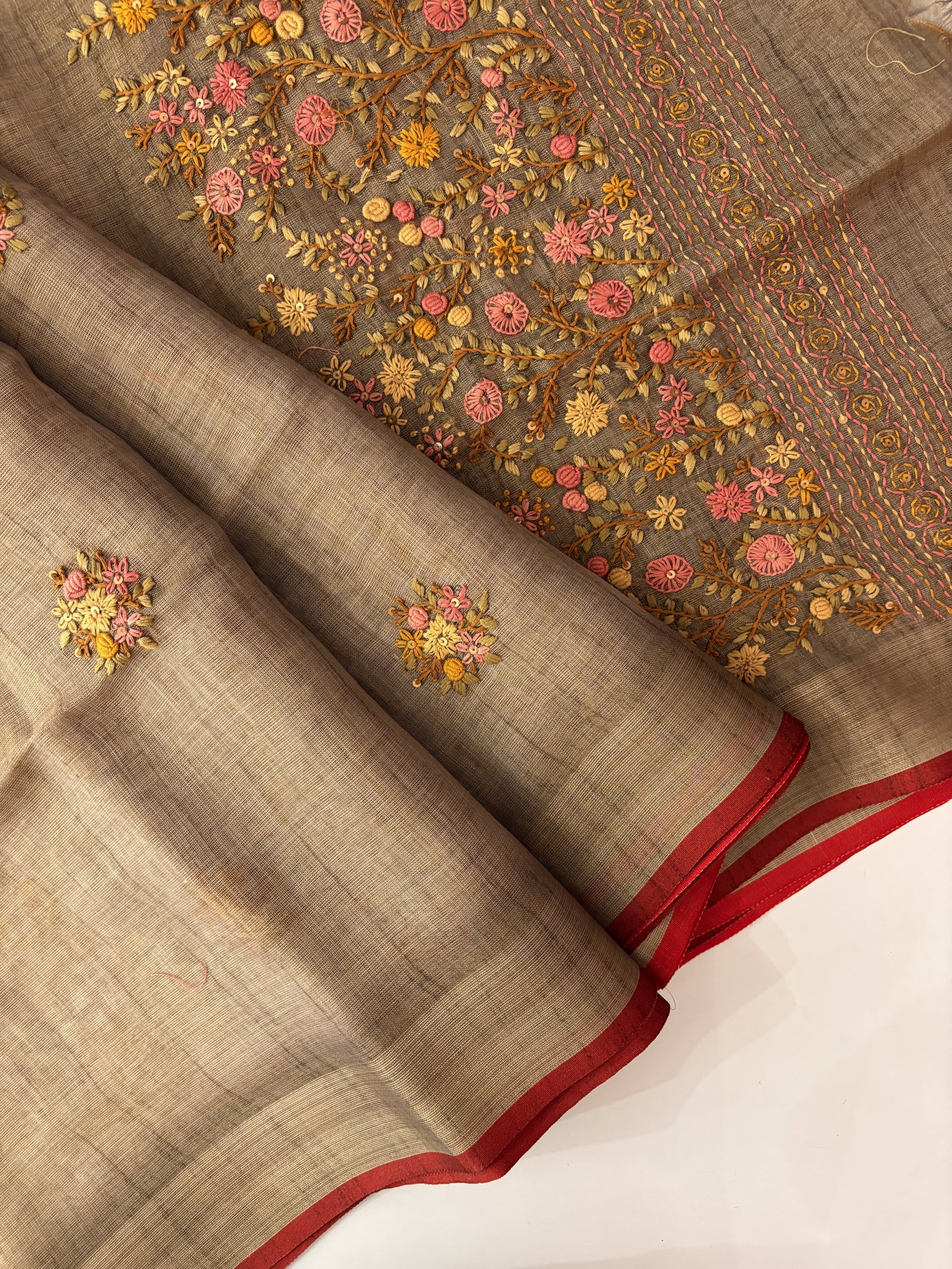 Grey Elegant Linen Tissue Sarees with Knot Work – Lightweight ...