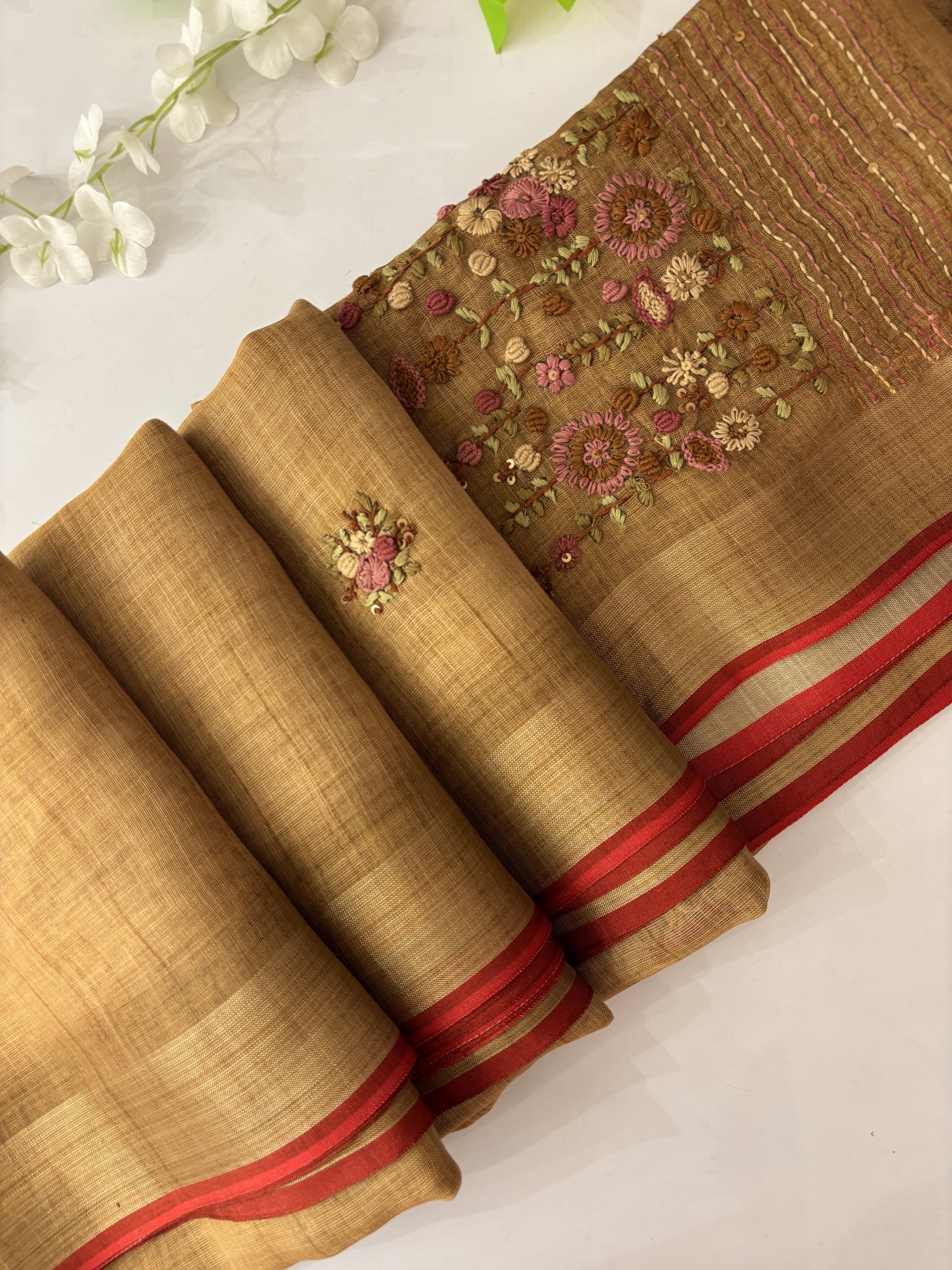 Golden Yellow Elegant Linen Tissue Sarees with Knot Work – Lightweight ...