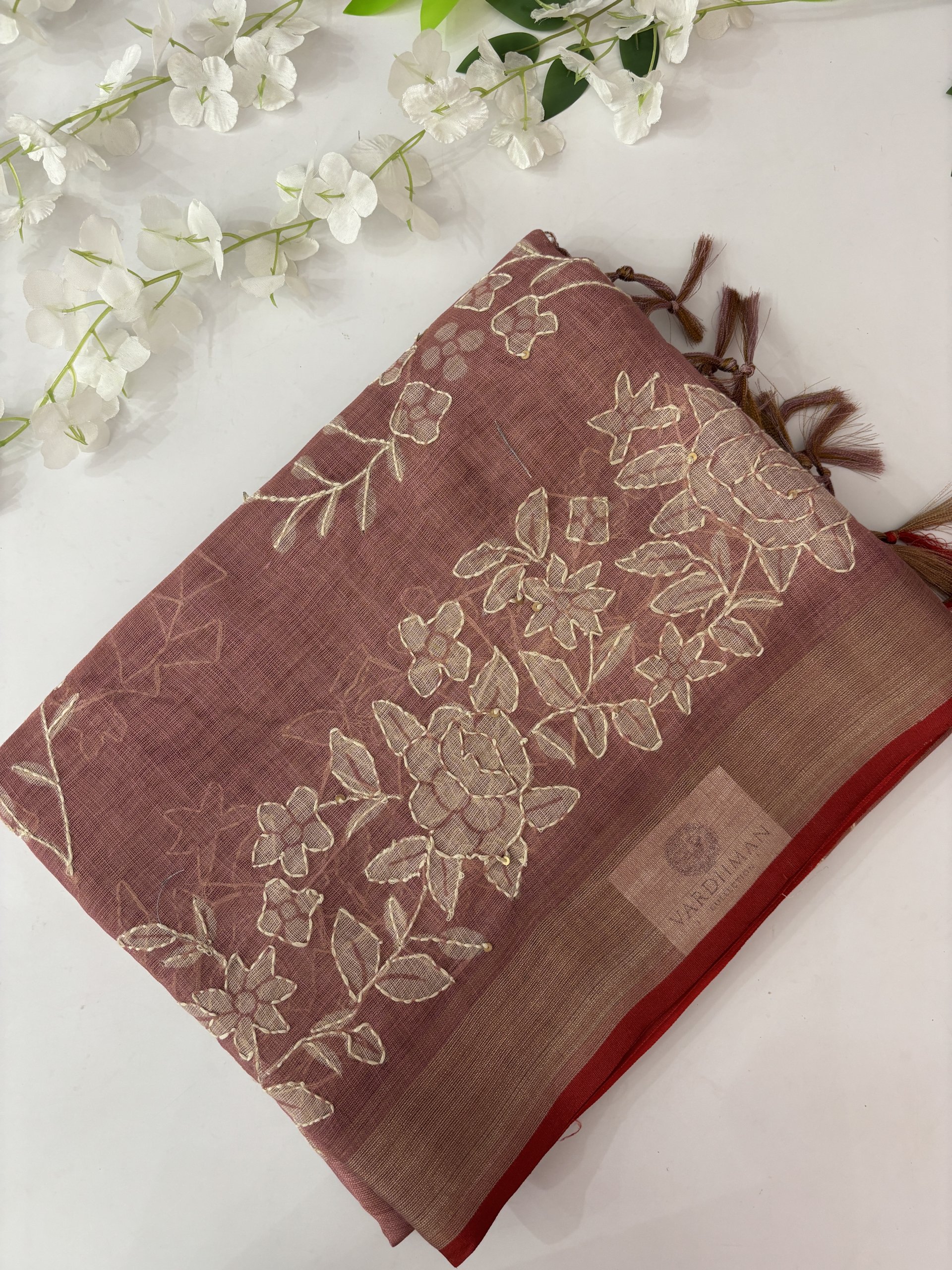 Pink Elegant Linen Tissue Sarees with Kantha Work – Handcrafted Beauty ...