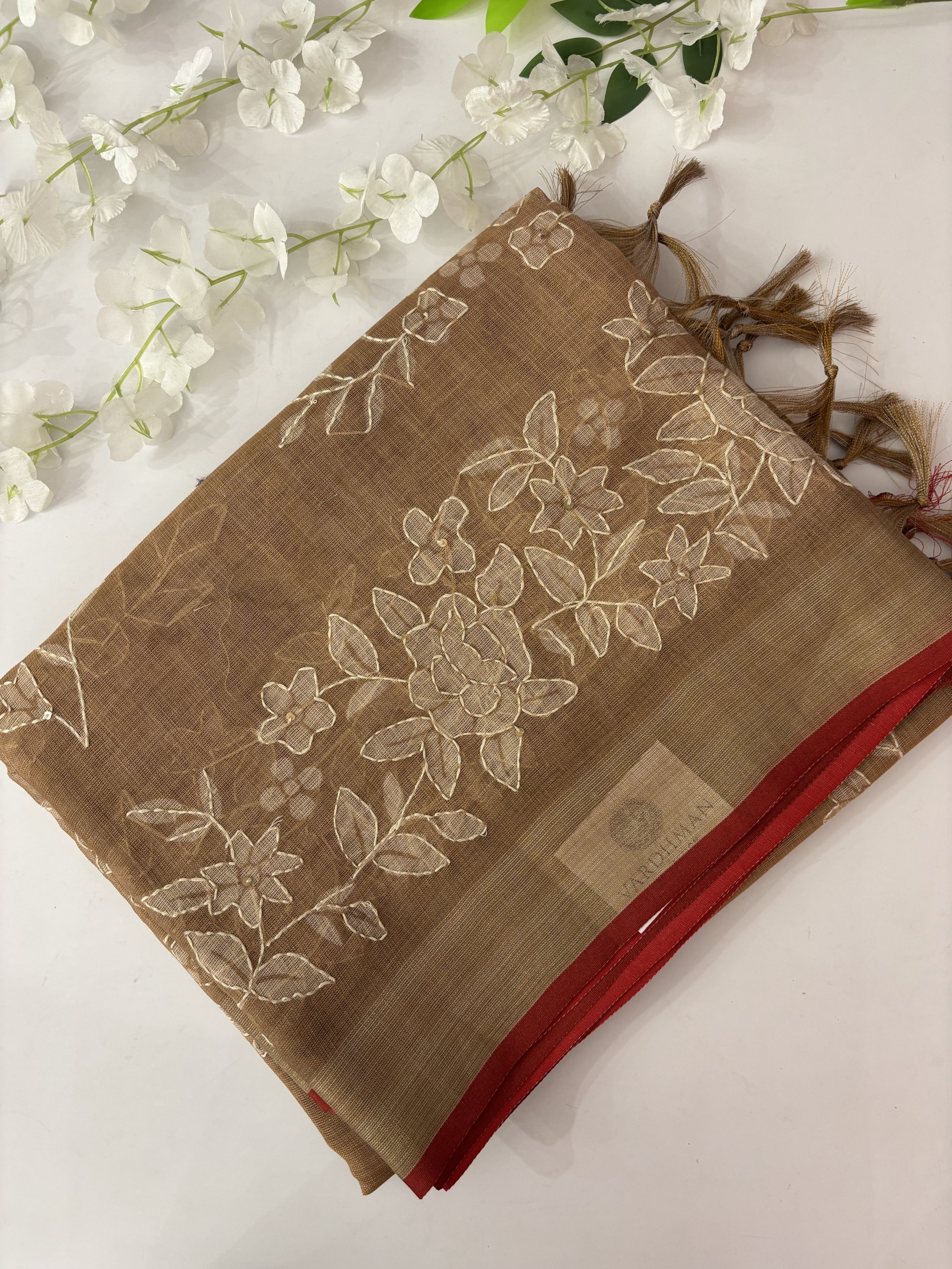 Brick - Elegant Linen Tissue Sarees with Kantha Work – Handcrafted ...