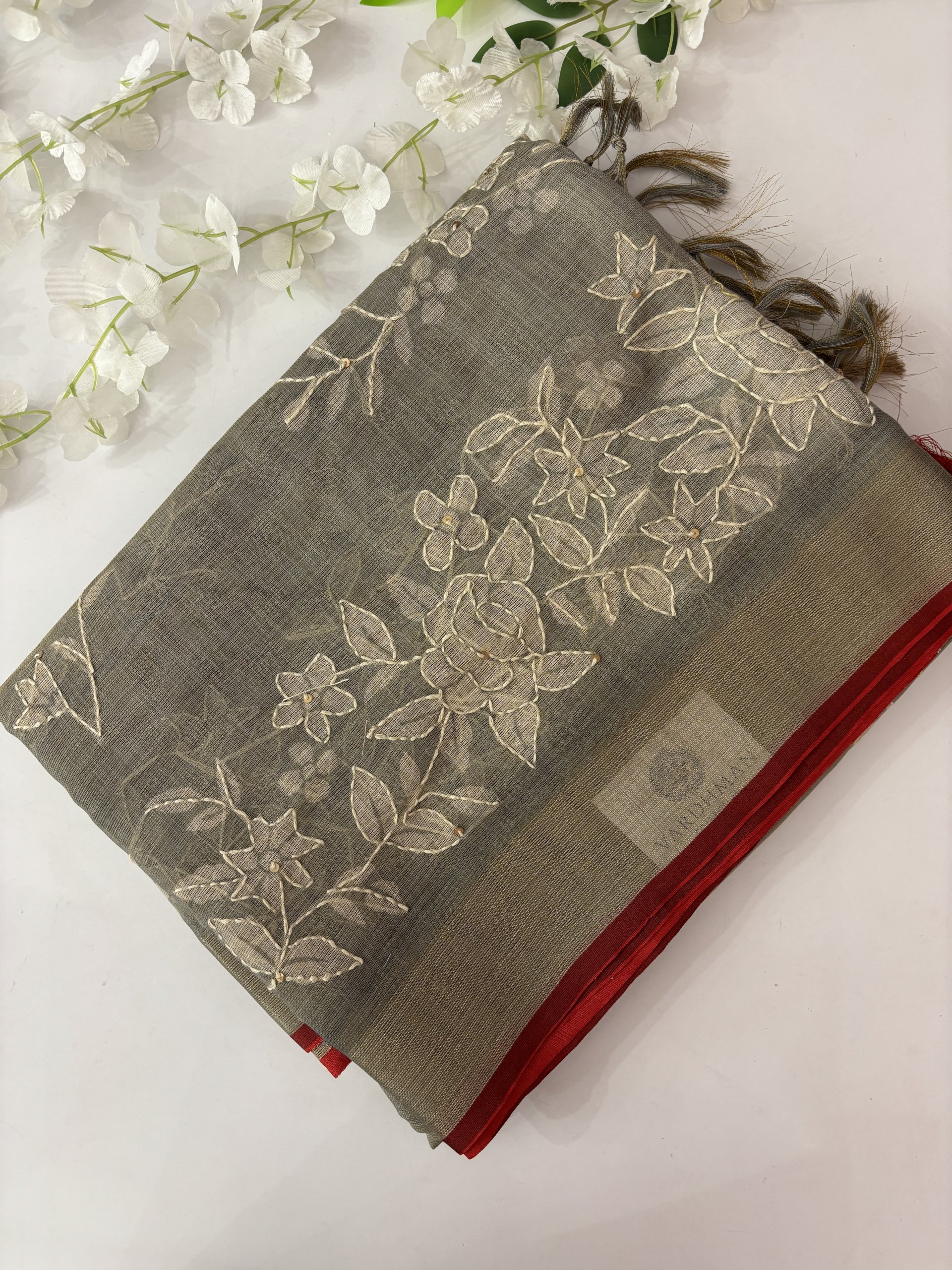 Grey Elegant Linen Tissue Sarees with Kantha Work – Handcrafted Beauty ...