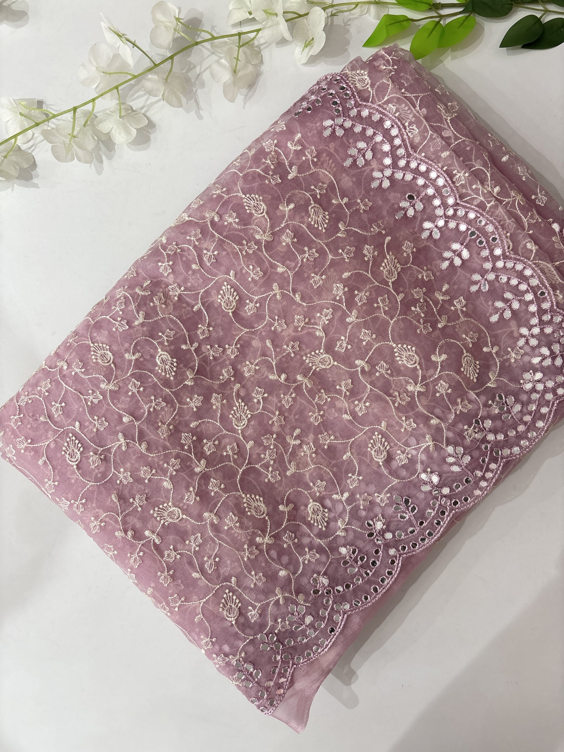 Baby Pink Organza Sarees with Embroidery & Mirror Work | Vardhman ...