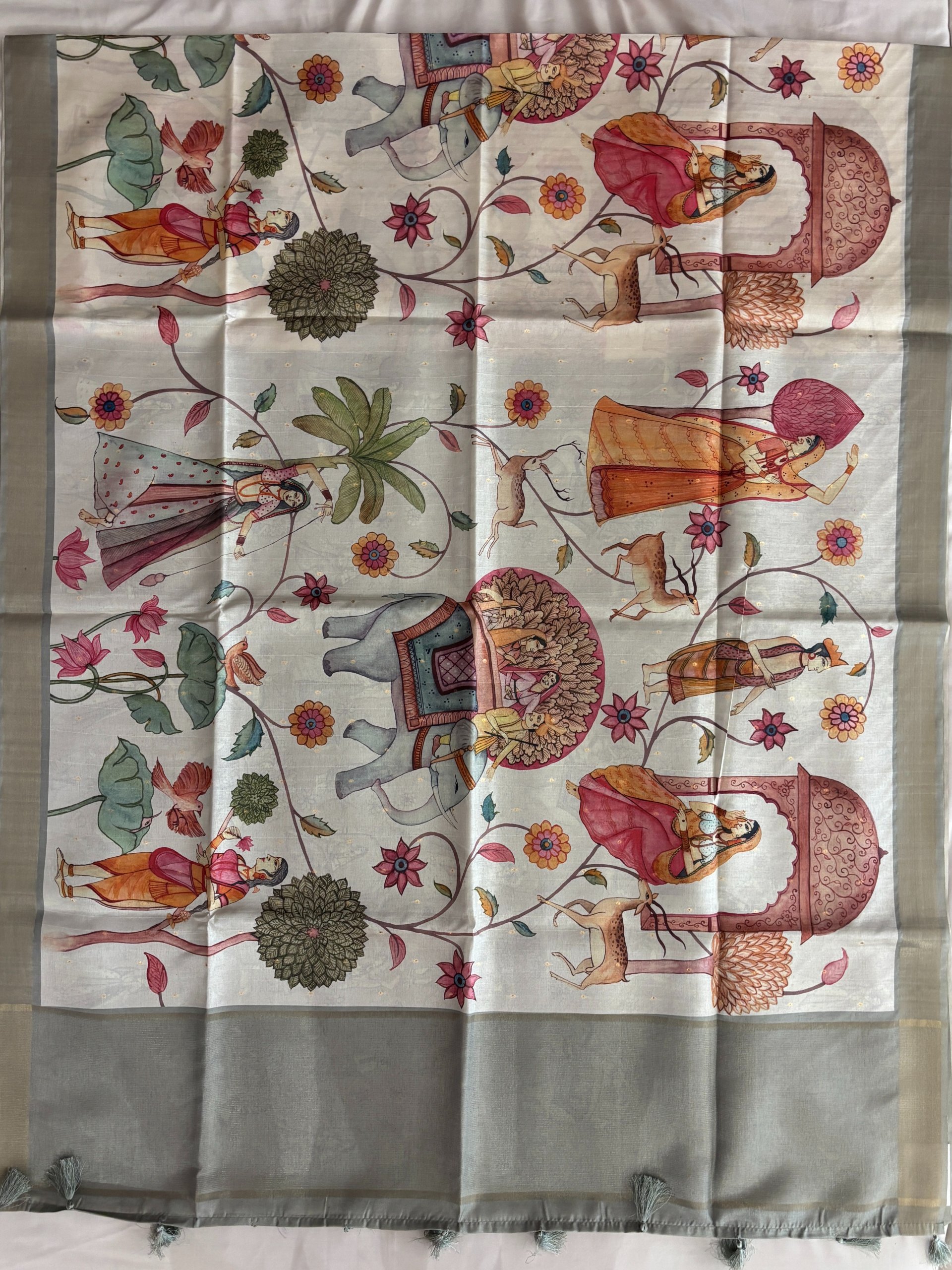 Grey Figure Print Tussar Silk Sarees – Elegant & Artistic Designs ...
