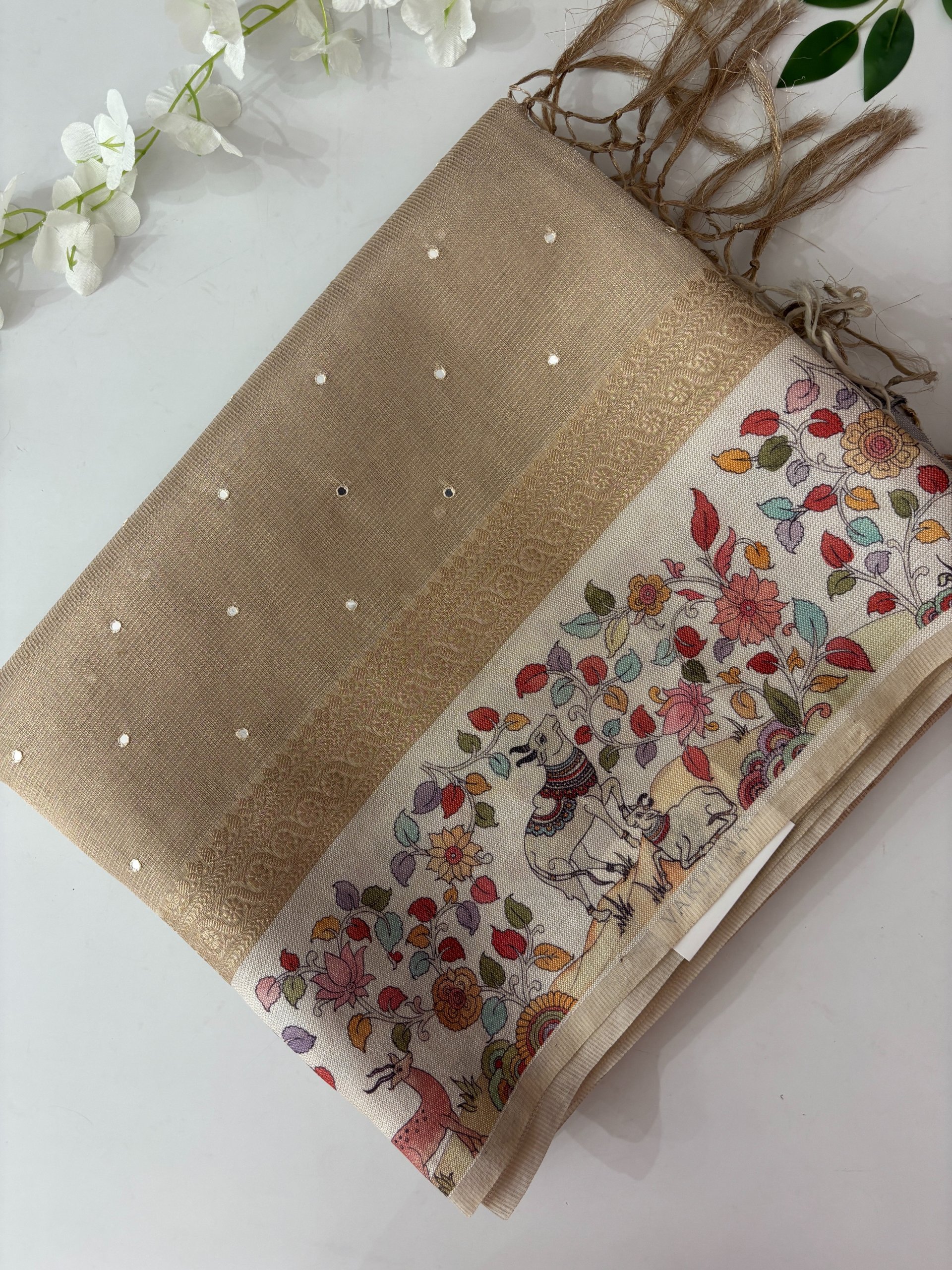 Mirror Work Tissue Sarees with Printed Borders – Elegant & Festive ...