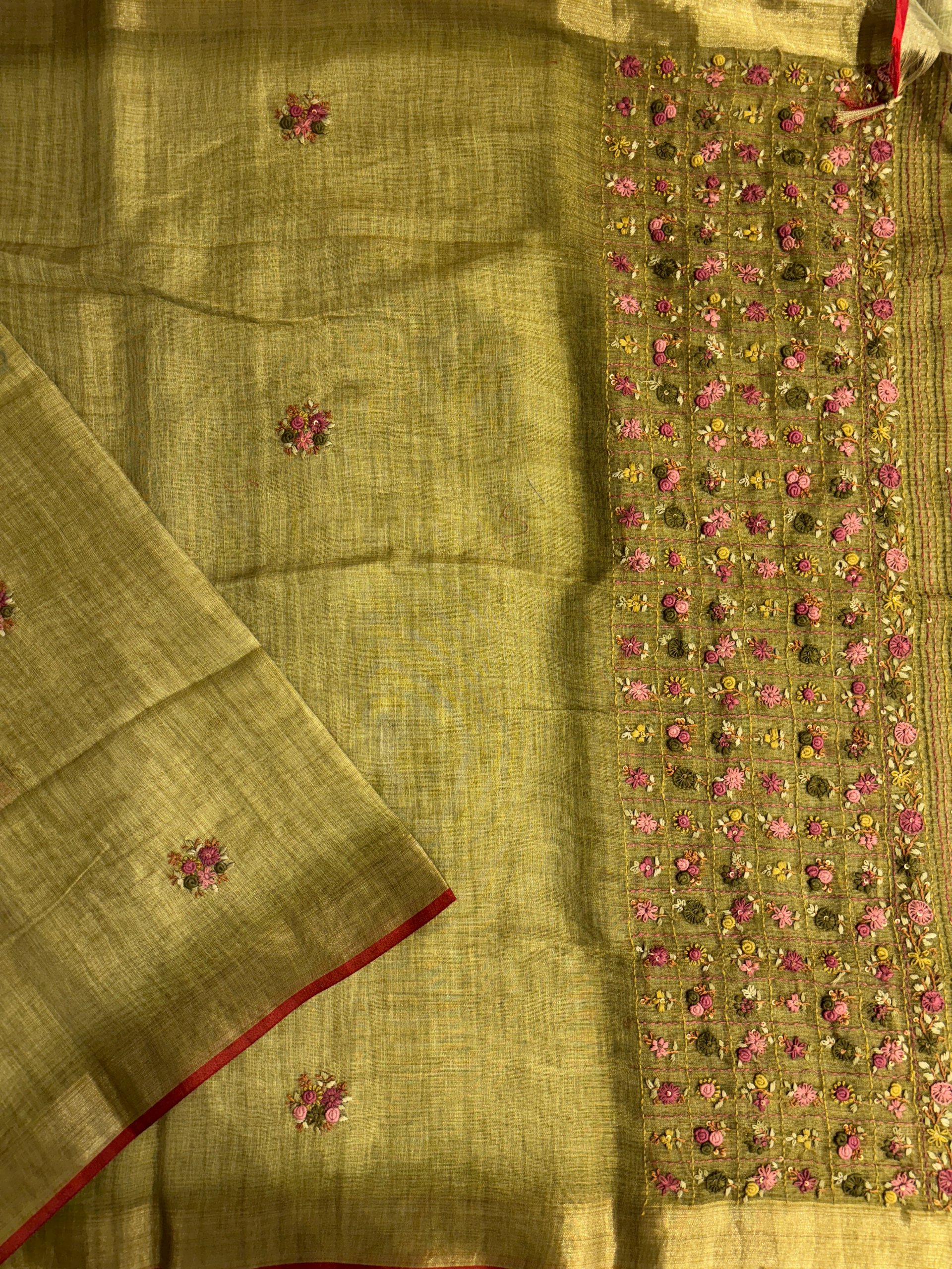 Light Dusty Parrot Green Elegant Linen Tissue Sarees with Knot Work ...
