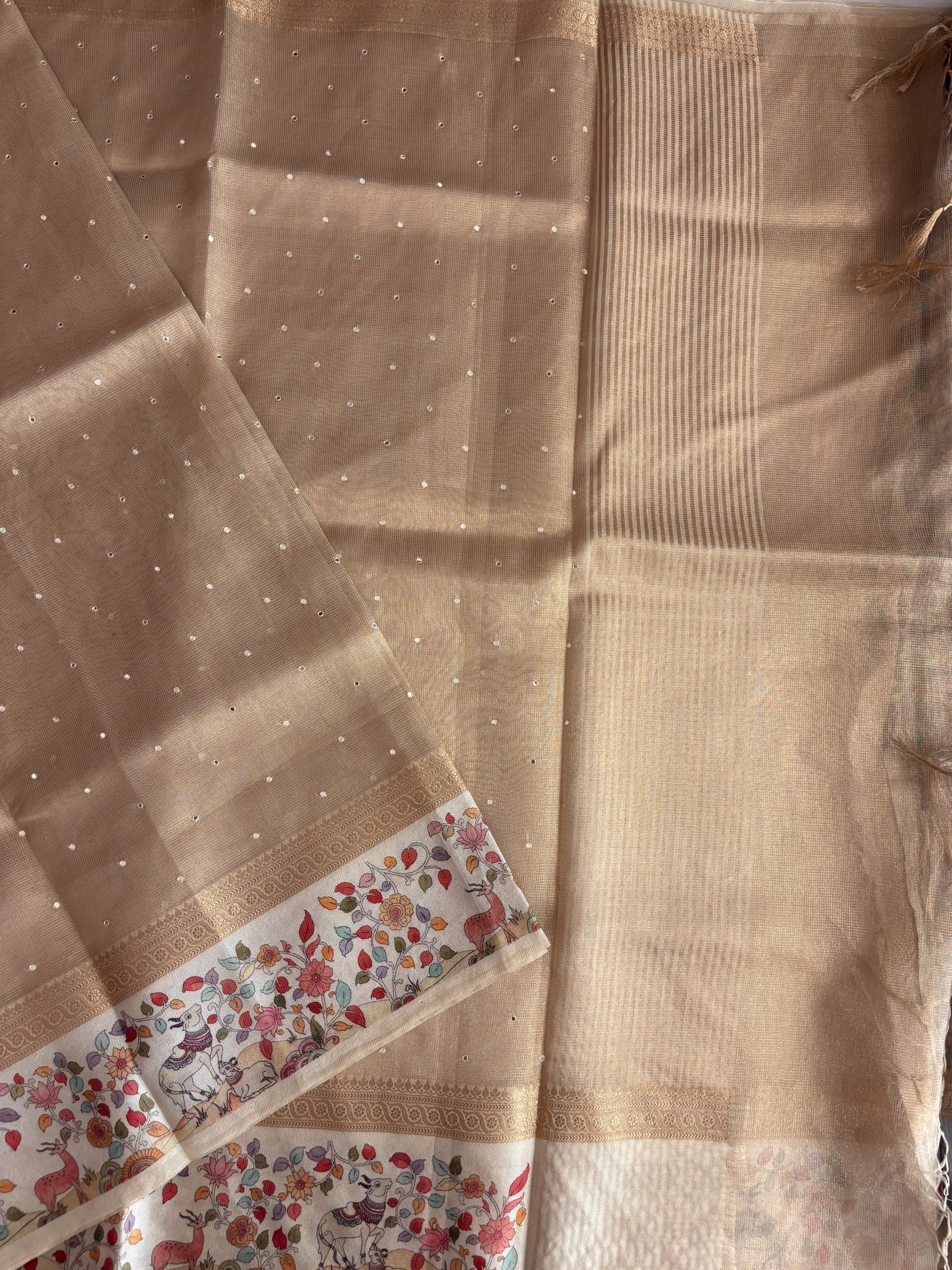 Mirror Work Tissue Sarees with Printed Borders – Elegant & Festive ...