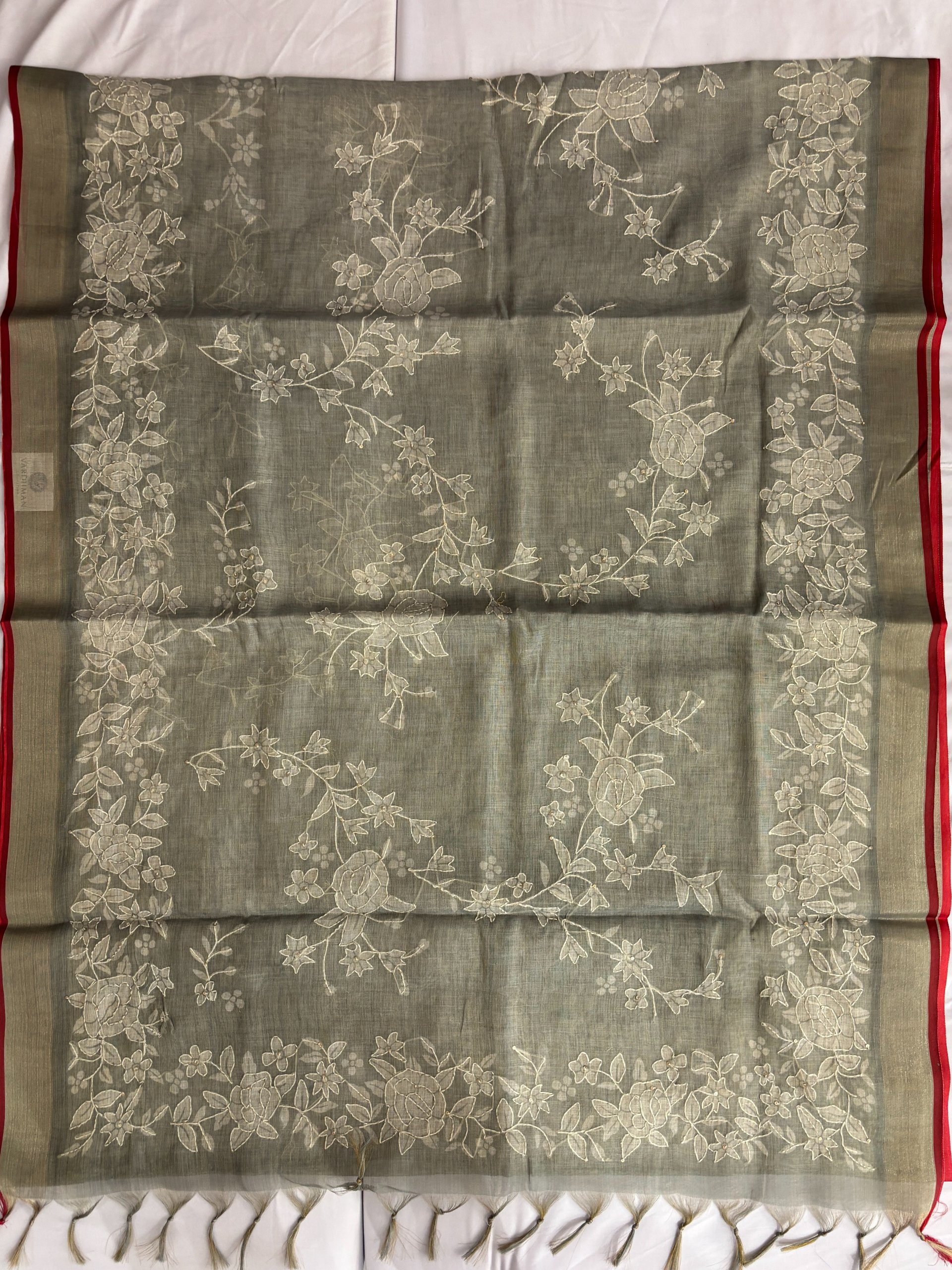 Grey Elegant Linen Tissue Sarees with Kantha Work – Handcrafted Beauty ...